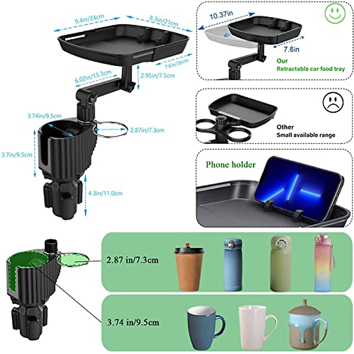 Aiuuee 4 in 1 Cup Holder Tray for Car, Upgraded Car Cup Holder Expander with Tray, Dual Cup Holder, Phone Slot, Adjustable Swivel Arm & Base, Detachable Car Food Tray Table for Eating