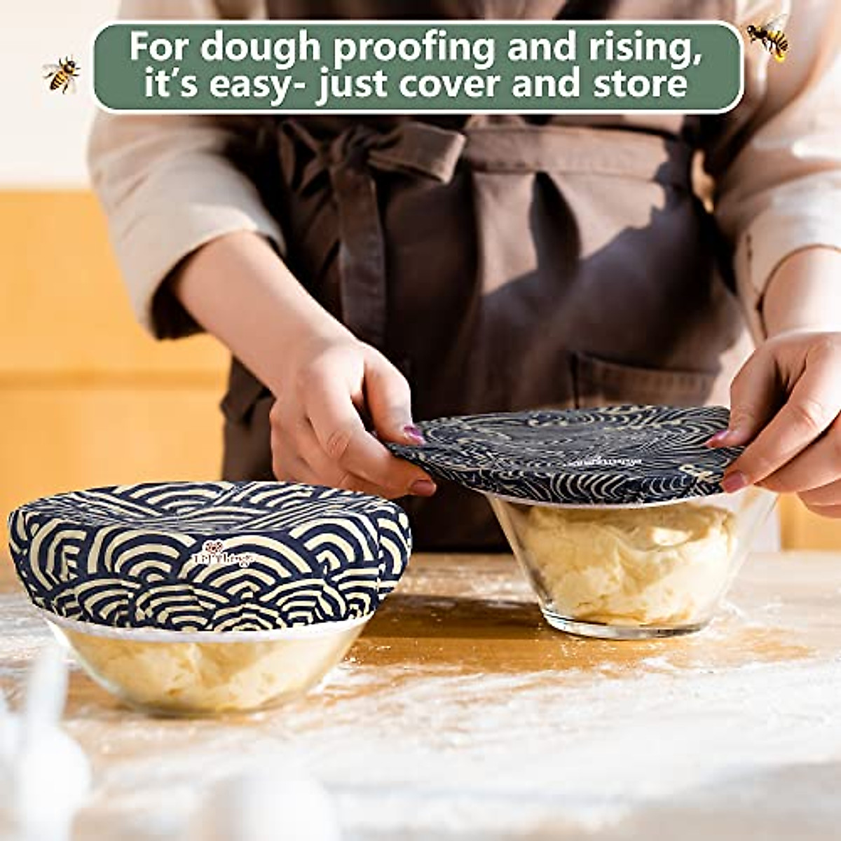 Li'l Things Eco-friendly Beeswax Bowl Covers | Improved Beeswax Coating | Elastic Food Storage Covers | Reusable Lids For Food, Fruits and Leftover | 5 Sizes | 3 Different Themes | Japanese Waves