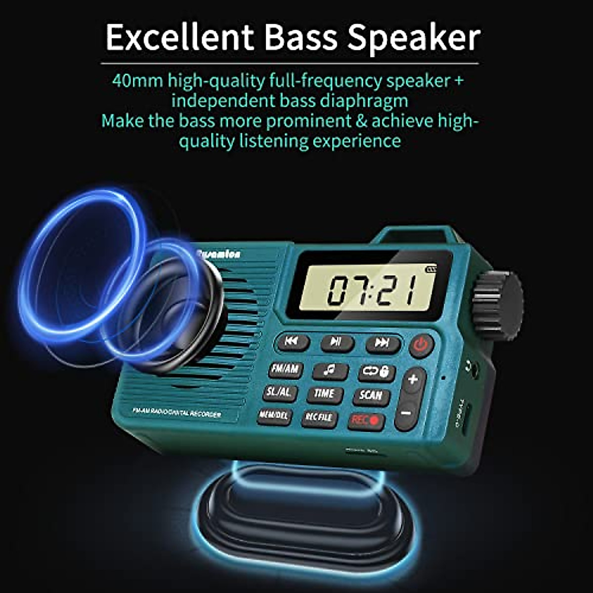 Rysamton Portable AM/FM Radio, Digital Radio Recorder, Bluetooth 5.0 Radio Speaker, Alarm and Sleep Function, 12/24H Time Display with Large Digital Display