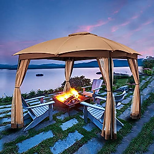 FAB BASED 10x10 Gazebo for Patio, Double Vent Canopy Gazebo with Privacy Netting Screen, Outdoor Heavy Duty Steel Waterproof and Portable Gazebo for Deck Backyard Lawn and Garden (Khaki)