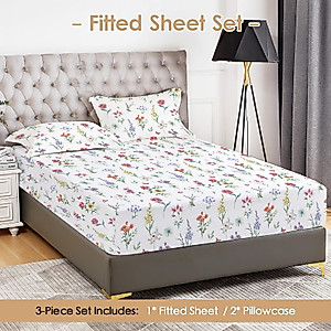 YIYEA Floral Fitted Sheet with Pillowcase, Premium 1800 Thread Count Brushed Microfiber Fitted Sheet Full, 16" Deep Pocket Fitted Bottom Sheet, Ultra Soft, and Fade Resistant (Full,)