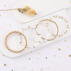 MAKERSLAND White Bracelets Cute Clay Beaded Crystal White Cute Bracelet Set for Women, 5Pcs Strand Stretch Preppy Heishi Bracelet Beach Bohemian Layering Bracelet Jewelry for Teens
