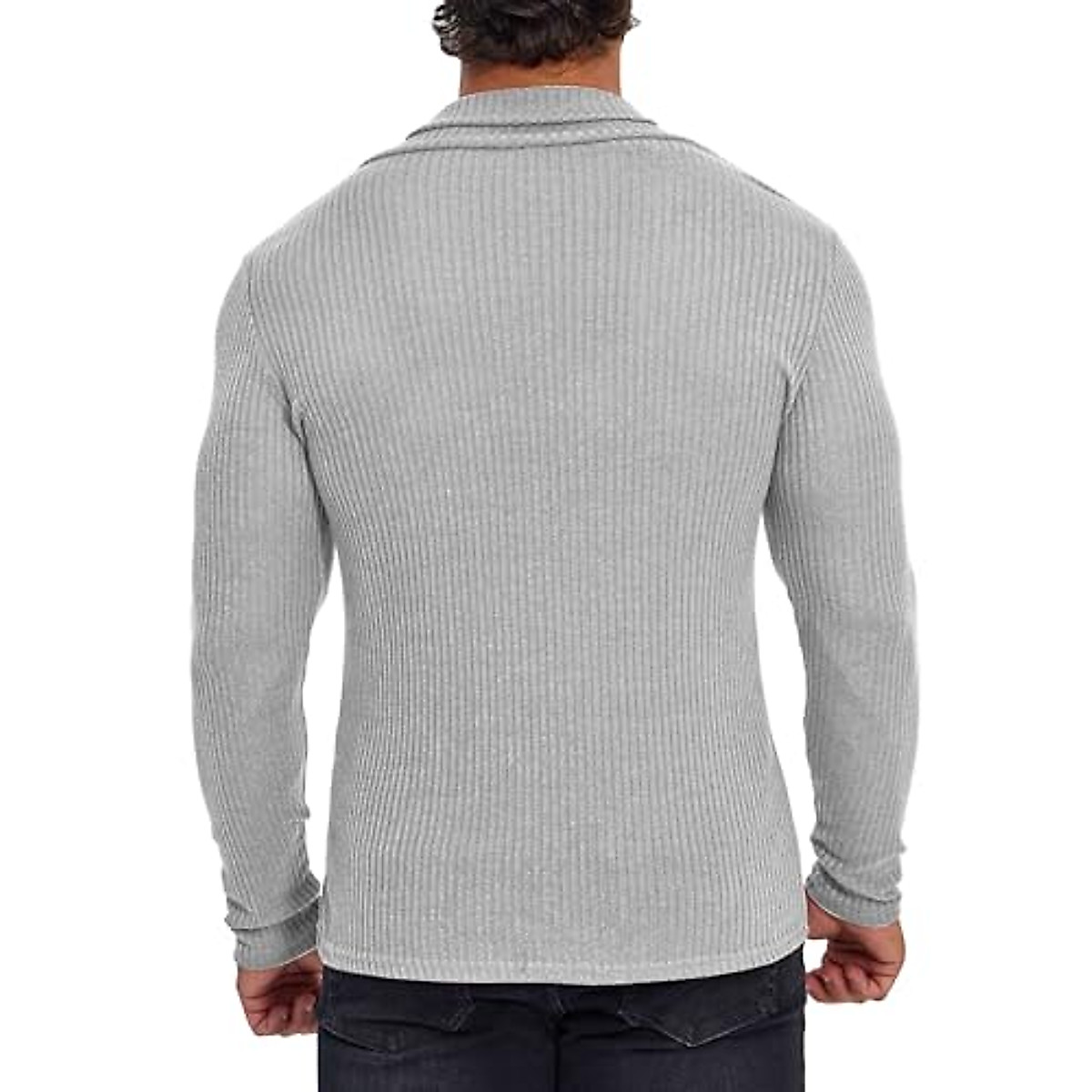 ZAFUL Mens Shawl Collar V Neck Sweater Shirts Lightweight Long Sleeve T Shirts Fitted Knitted Pullover Thermal Top Light Grey