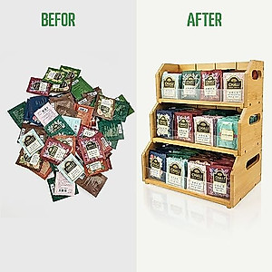 Bamboo Tea Bag Storage Containers- Tea Organizer for Tea Bags Cabinet- Tea Caddy Packet Rack Teabag Shelf Coffee Holders for Office Kitchen- Wooden 3 Tier