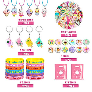 110 PCS Ice Cream Party Favors Cute Ice Cream Necklace Goodie Bags with Keychains, Stickers, Rubber Bracelets, Button Pins and Bags for Summer Themed Birthday Party Baby Shower