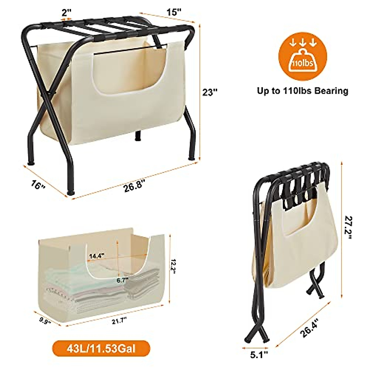 ELYKEN 2 Pack Luggage Rack with Laundry Bag, Guest Room Folding Space Saving Suitcase Holder, Max 110LBS Baggage Shelf with Heavy Duty Nylon Belts, Dirty Clothes Storage for Bedroom Hotel
