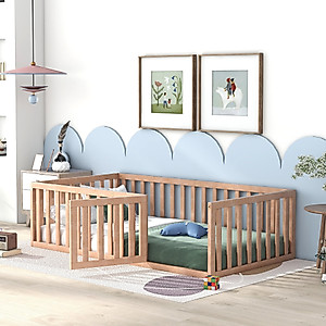 Harper & Bright Designs Twin Floor Bed with Rails, Montessori Floor Bed Wood Frame with Fence and Door, for Kids Girls Boys (Twin Size,Natural)