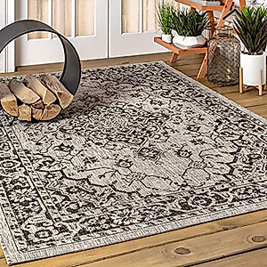 JONATHAN Y SMB102D-4 Rozetta Boho Medallion Textured Weave Indoor Outdoor Area -Rug Coastal Bohemian Rustic Glam Easy -Cleaning Bedroom Kitchen Backyard Patio Non Shedding, 4 X 6, Gray/Black