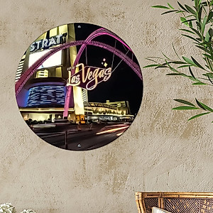 CowkissSign USA City Casino Las Vegas Round Aluminum Art Signs City in Nevada State Metal Tin Sign Country Souvenir Gift Tin Metal Sign for Bedroom Yard Garage Garden 12x12in