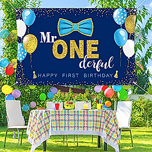 Mr. Onederful Birthday Party Decorations for Boys Happy 1st Birthday Banner Backdrop Large First Birthday Cake Table Decor Mr One Party Favor Supplies (Blue and Gold)