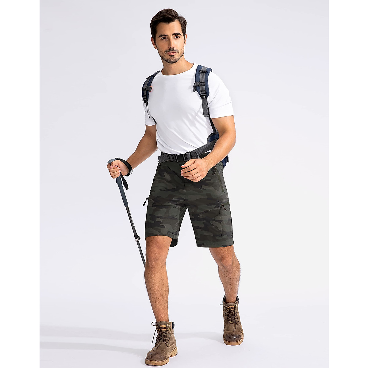 Pudolla Men's Hiking Cargo Shorts 9" Lightweight Outdoor Work Shorts for Men Travel Golf Camping Casual with 5 Zipper Pockets(Green Camo Large)