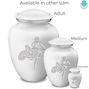 GetUrns Embrace Personalized Dirt Bike Medium Cremation Urn with Custom Text Engraving for Human Ashes for Funeral, Burial, Niche or Columbarium Cremation–44 Cubic Inches –Small Urns for Ashes (White)