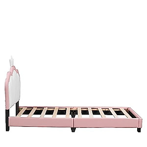QVUUOU Pink Cute Upholstered Platform Bed Fun Bed Cartoon Elements Princess Bed with Crown Shaped Headboard, Wooden Twin Size Bed Frame Cute Bed Upholstered Bed for Kids Bedroom Furniture