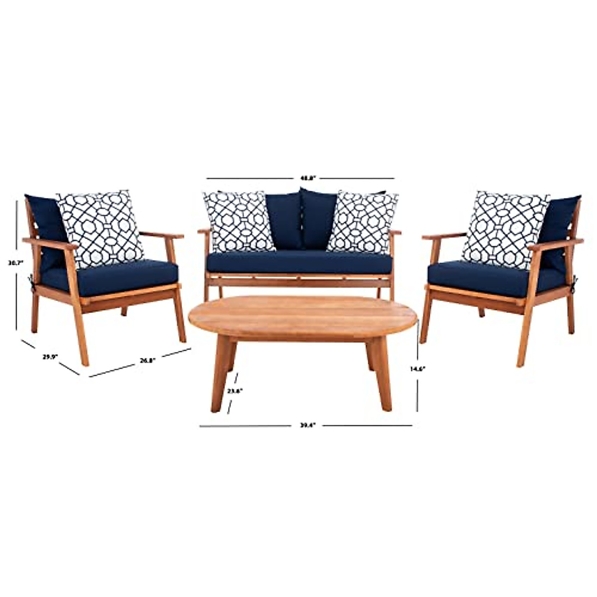 SAFAVIEH Outdoor Collection Deacon Acacia Wood Cushion 4-Piece Conversation Patio Set with Accent Pillows PAT7050E, Navy/Natural