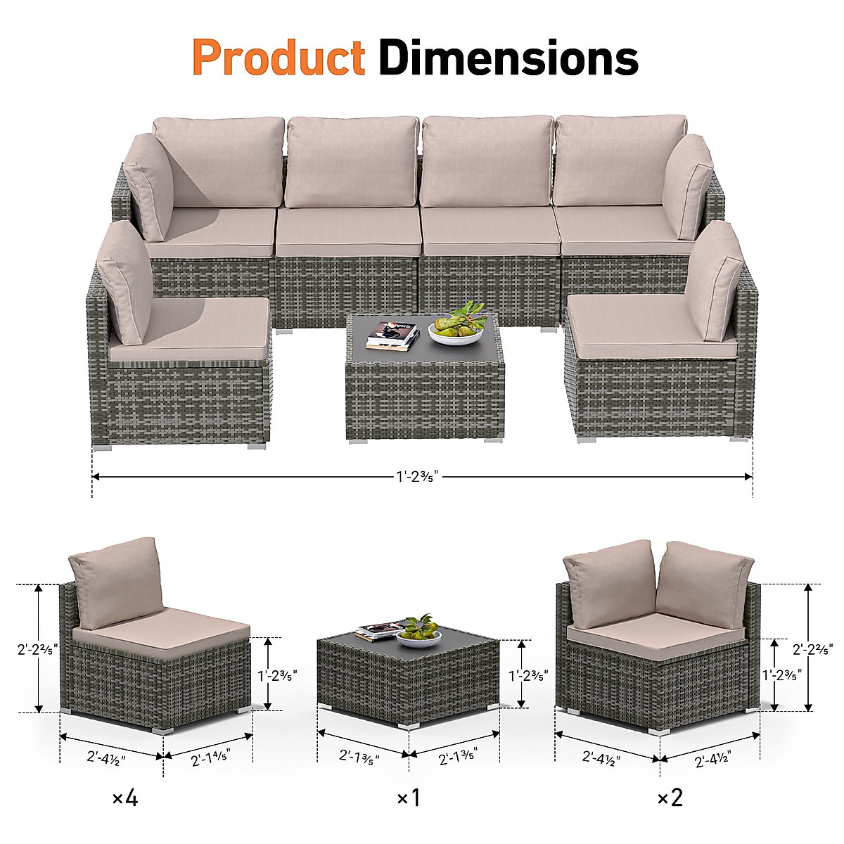 Covered Outdoor Patio Furniture Set, 7 Pieces Patio Furniture Sets with Glass Table, All-Weather PE Wicker Outdoor Couch Sectional Set, Outdoor Furniture Set for Garden/Patio/Ottoman, Grey