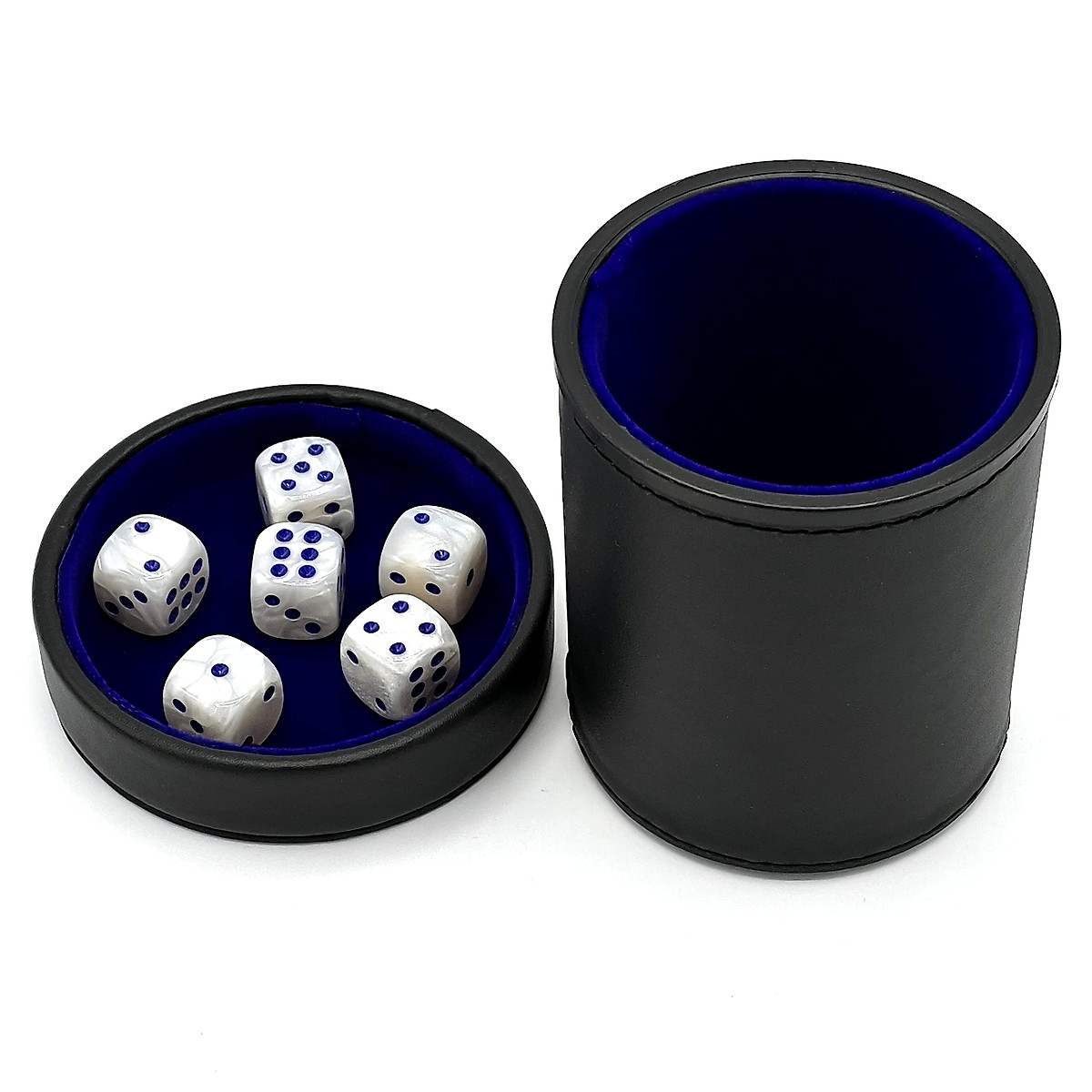 Luck Lab Black Leather Dice Cup with Lid Including 6 Matching Pearl Dice - Blue Velvet Interior for Quiet Shaking - Use for Liars Dice Farkle Yahtzee Board Games, Black