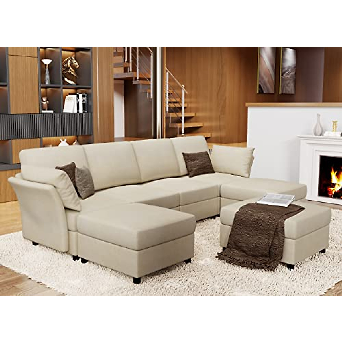 AMERLIFE Sectional Sofa, Modular Sectional Couch with Ottomans- 7 Seat Sofa Couch for Living Room, Convertible U Shaped Couch with Chaise, Oversize Sofa Beige