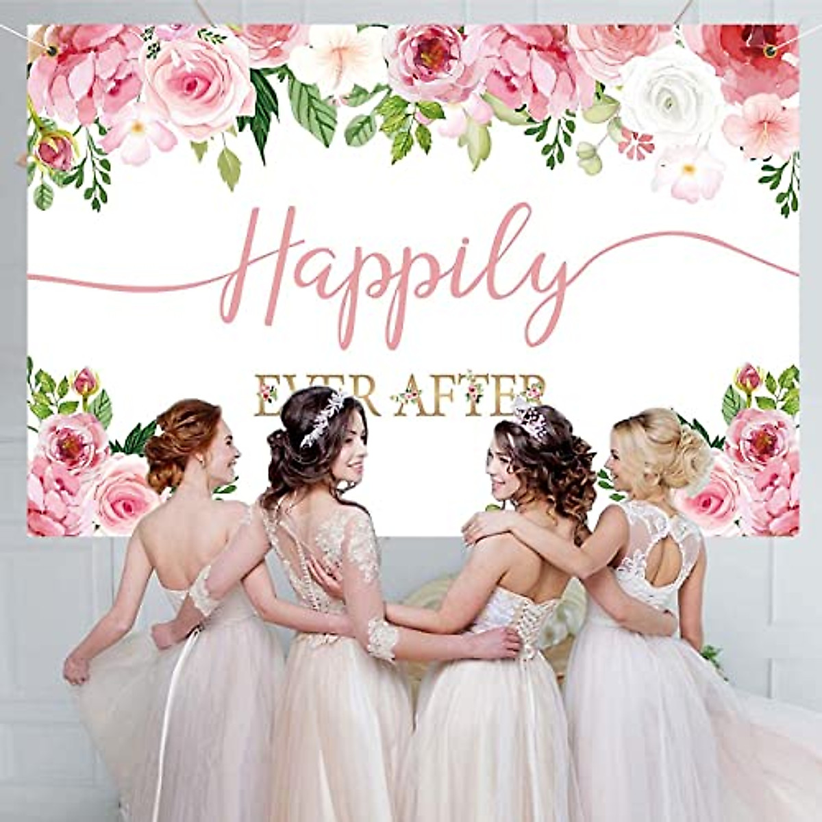 P.G Collin Happily Ever After Floral Banner Backdrop Sign Wedding Bridal Shower Engagement Bachelorette Party Decorations Supplies for Women 6 x 4ft Pink Pink Happily