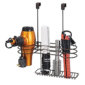 mDesign Metal Over Door Bathroom Hair Care & Styling Tool Organizer Storage Basket for Hair Dryer, Flat Irons, Curling Wands, Hair Straighteners - Hang Inside or Outside Cabinet Doors - Bronze