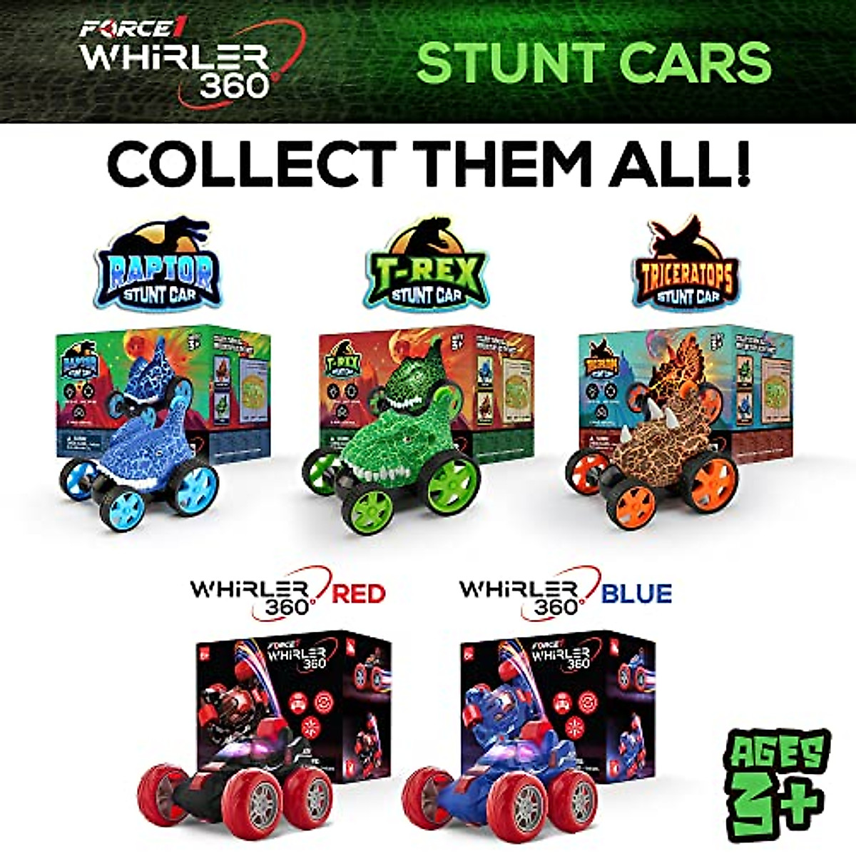 Force1 Dino Whirler T-Rex 360 Stunt Car Mini RC Car for Kids - Fast Remote Control Mini Stunt Car 5 Wheels LEDs 360 Flips Standing Rotating Small RC Car 2.4 GHZ Remote Control Car Toy for Boys Girls