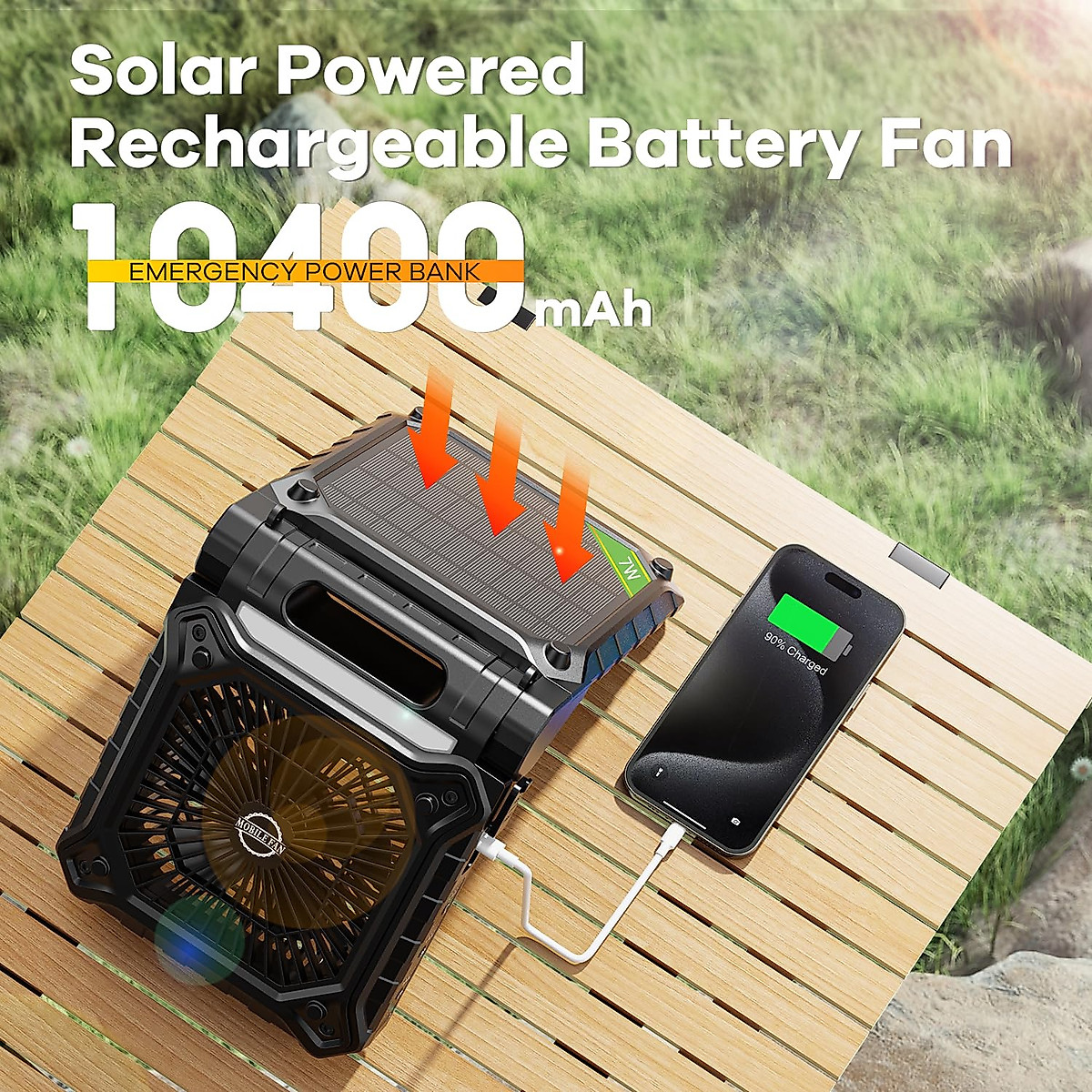 DOWILLDO Solar Powered Fan for Camping- Camping Fan with 12000 mAh Rechargeable Battery and LED Lantern, 3 Timer and 3 Speeds Battery Powered Outdoor Fan for Travel, Fishing, Outdoor(Black)