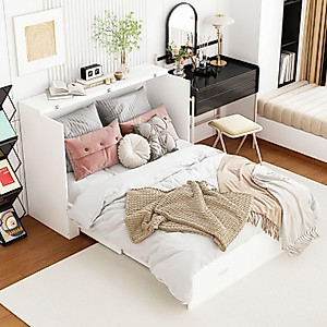 FAMAPY Full Size Murphy Bed with Charging Station & Drawer, Mobile Cabinet Bed Murphy Chest Bed, Space-Saving Folding Murphy Bed for Bedroom Guest Room White (76.4”W x 56.3”D x 40.9”H)