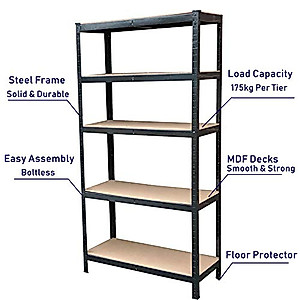 Autofather 5-Tier Shelving Unit 70" x 35" x 16" Shelving for Garages and Sheds Boltless Design with MDF Boards Heavy Duty 386LB Capacity Per Shelf Metal Shelving Units for Storage, Black
