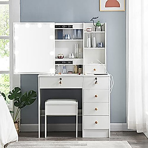 Abesthink Makeup Vanity Table with Drawers and Lights,Vanity Set Dressing Table with Charging Station and Shelves, Makeup Vanity Desk with Mirror and Cushioned Stool,White