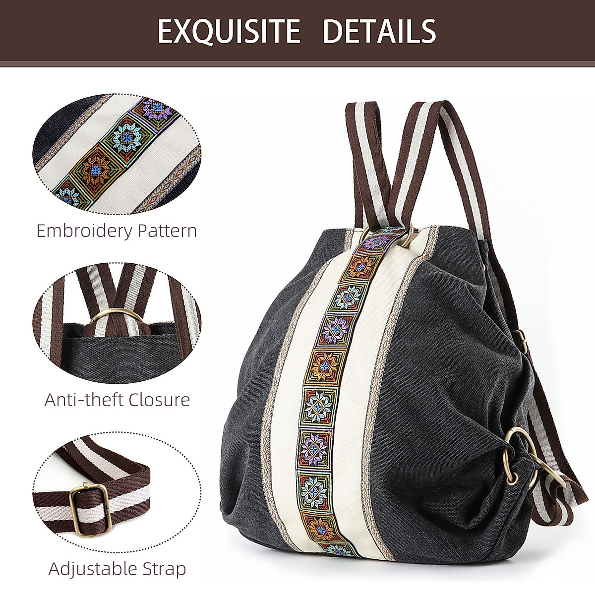 Goodhan WomCanvas Backpack Daypack Casual Shoulder Bag, Vintage Heavy-duty Anti-theft Travel Backpack(Grey Black)