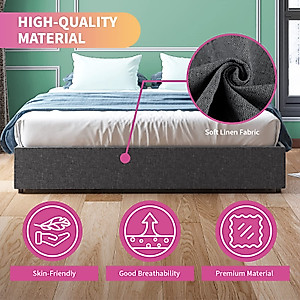 Mixoy Cal King Bed Frame with Four Storage Drawer,Platform Bed Frame with Linen headboardand and Footboard with Drawers, Wood Slats Support.No Box Spring Needed/Easy Assembly(Cal King,Dark Grey)