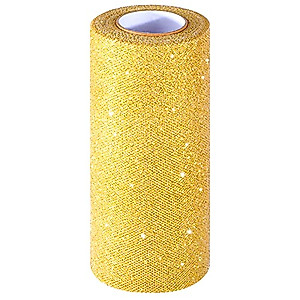 Outus Sparkling Christmas Glitter Tulle Roll Sparkling Tulle Ribbon 6 Inches by 25 Yards for Xmas Holiday Wedding Gift Wrapping Tutu Skirt, Birthday Baby Shower Party Decoration(Gold)