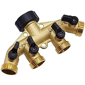 Biswing 4 Way Brass Hose Splitter, 3/4" Brass Hose Faucet Manifold, Garden Hose Adapter Connector, Hose Spigot Adapter with 4 Valves