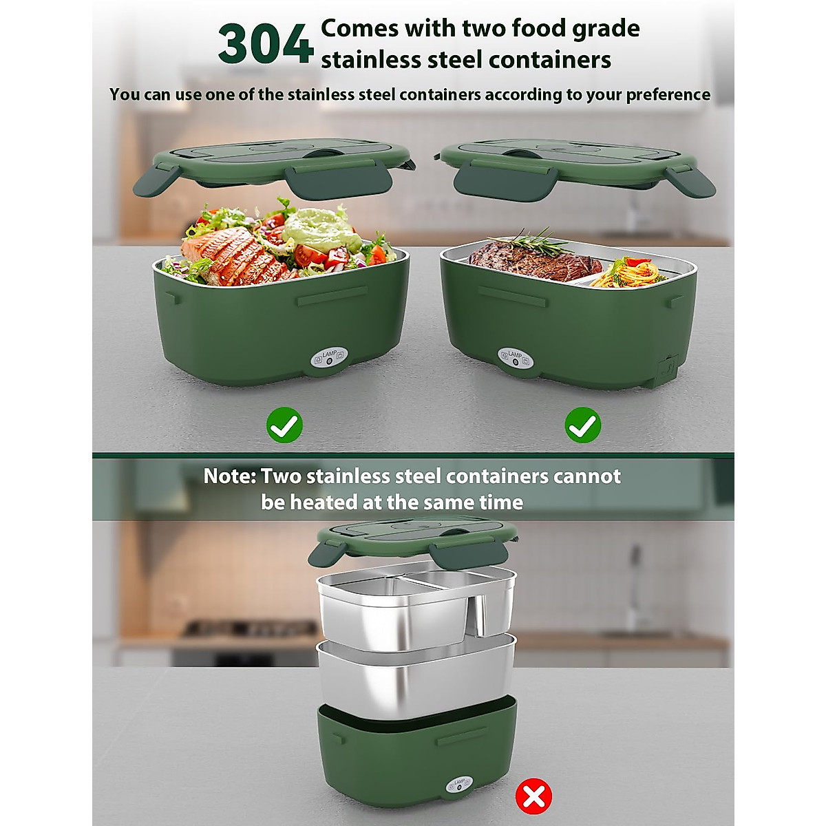 Electric Lunch Box for Adults, 80 W Fast Heating Portable Food Warmers for Car Truck Travel with 2 Stainless Steel Containers 1.5 Liters Heated Lunch Box Self Heating Food Heater for Work lonchera