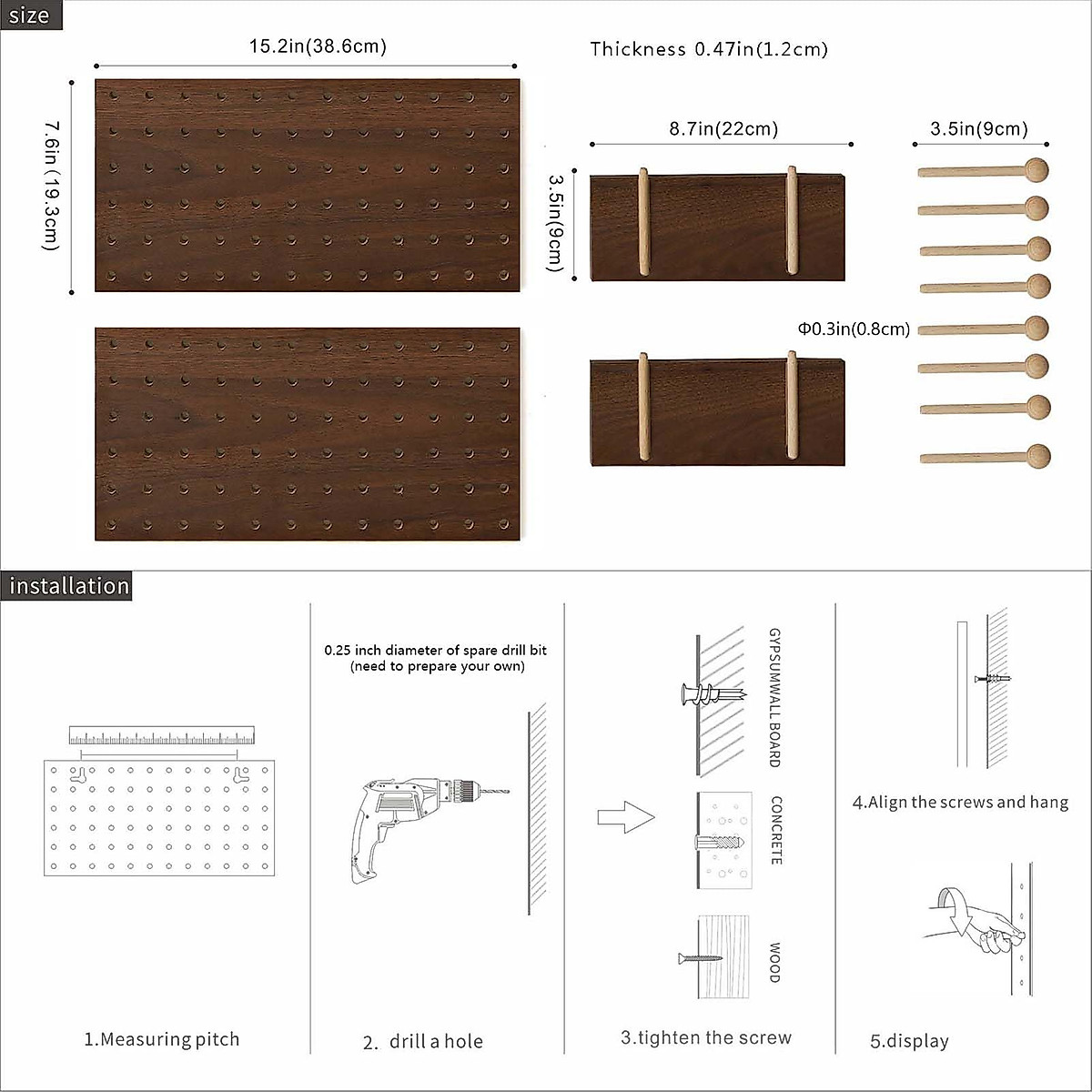XAOMLP Wooden Pegboard Modular Display Organization Storage Wall Hooks Shelf(Color：Walnut)