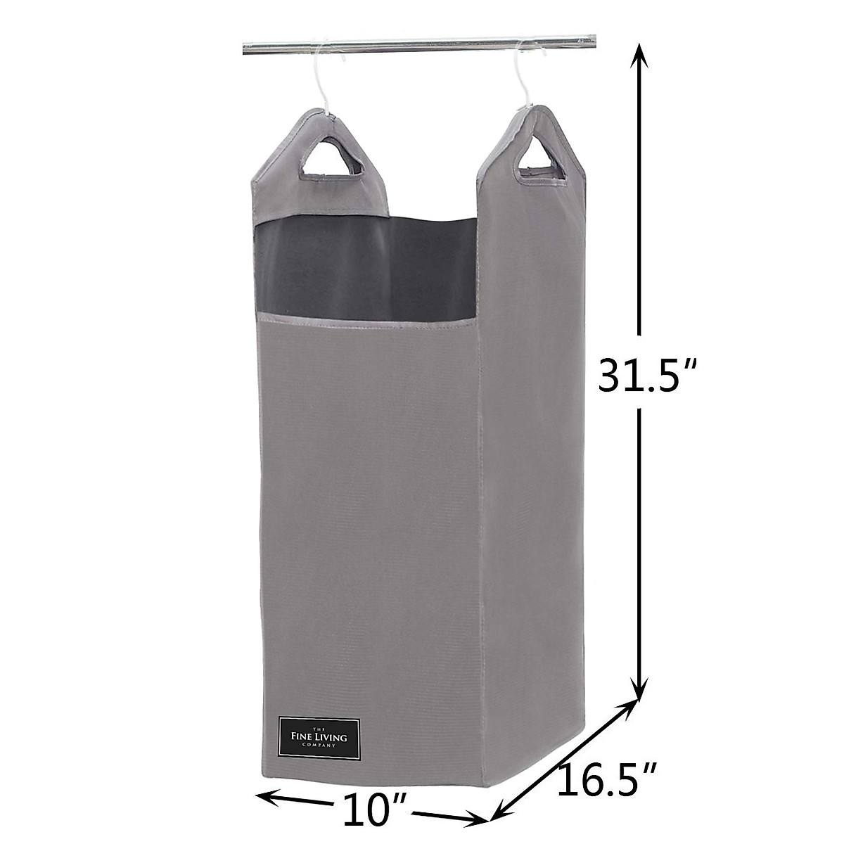 The Fine Living Co. Hanging Laundry Hamper Bag With 2 Strong Metal Removable Hangers For Closet, Wide Open Top Hanging Closet Heavy Clothes Storage Hamper Bin, Durable Space Saving Closet Laundry Bin 16.5"x 10" x 31.5" (Grey)