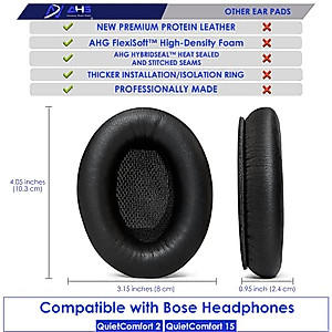AHG Replacement QC15 Ear Pads & QC15 Headband Pad Compatible with Bose QuietComfort 15 (QC15) & QuietComfort 2 (QC2) Headphones - Soft, Great Comfort + Durability, Protein Leather (Black)