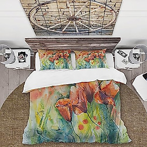 DESIGN ART Designart 'Red Blossoming Poppies V' Traditional Duvet Cover Set Twin Cover + 1 Sham 2 Piece