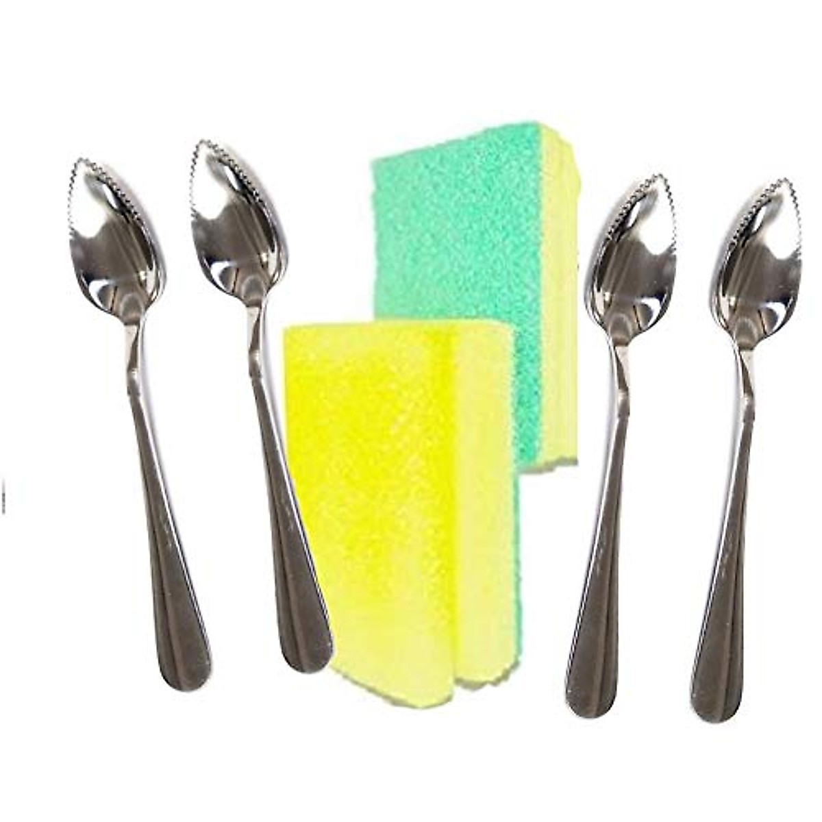 Four (4) Grapefruit Spoons and Two (2) Grapefruit Knives, Stainless Steel, Serrated Edges With BONUS Sponges