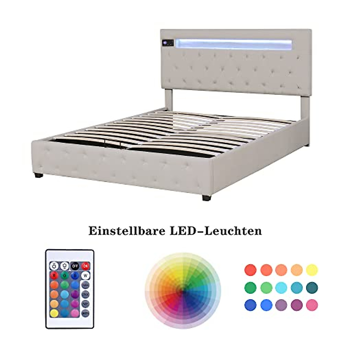 OPTOUGH Queen Size Storage Upholstered Platform Bed Frame, Adjustable Headboard Featured with Bluetooth Audio, LED Light and USB Charging, Fashion Furniture-Beige