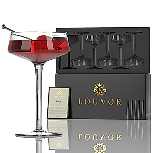 LOUVOR Champagne Coupe Glasses Set of 6-8oz Hand Blown Crystal Martini Glasses with 6 Stainless Steel Cocktail Picks - Versatile Tall Cocktail Glasses & Vintage Cocktail Glasses for Martini & More
