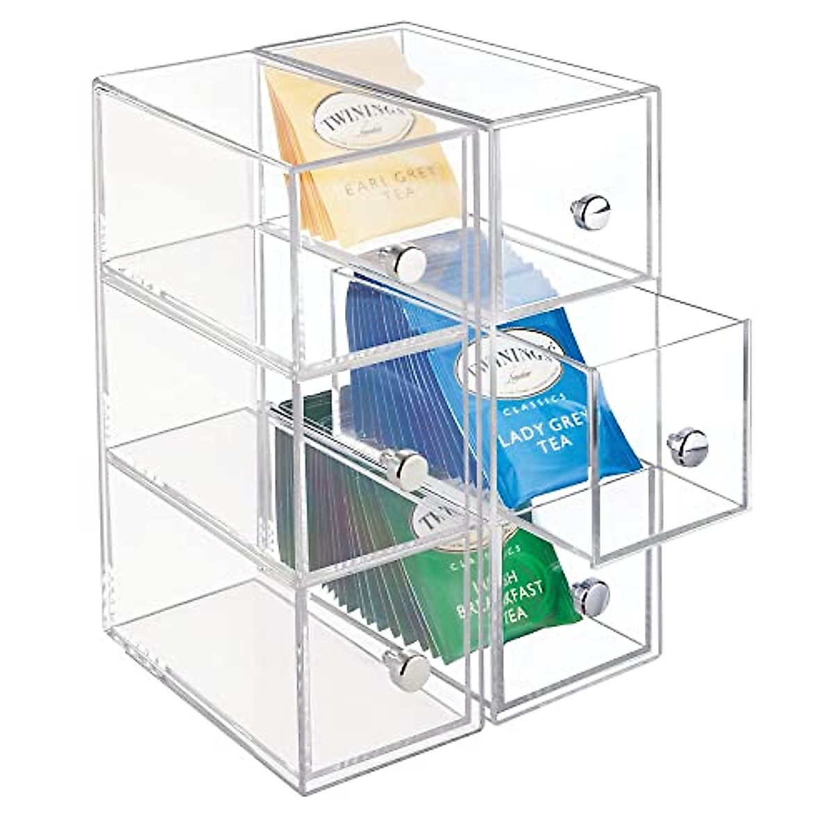 mDesign Plastic Kitchen Pantry Stackable Storage Organizer Container Station with 3 Drawers for Cabinet, Countertop, Holds Coffee, Tea, Sugar Packets, Creamers - Lumiere Collection - 4 Pack - Clear