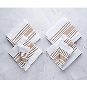 Cotton Dish Towels Set of 6 - Beige & White Tea Towels - Kitchen Dish Towels - Hand Towels with Hanging Loop - Striped Hand Towels, Farmhouse Dish Towels, Linen Bar Towels, (Beige/White, 18 x 28")