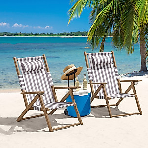 Lavish Home Set of 2 Beach Chairs - Outdoor Weather-Resistant Wood Folding Chairs with Carry Straps and Reclining Seat - Beach Essentials (Taupe)