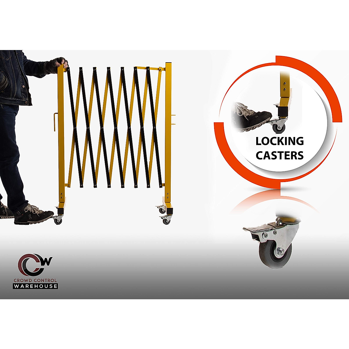 Trafford Industrial Expandable Metal Barricade, 11 Feet, Yellow and Black, Mobile Safety Barrier Gate, Retractable Traffic Fence