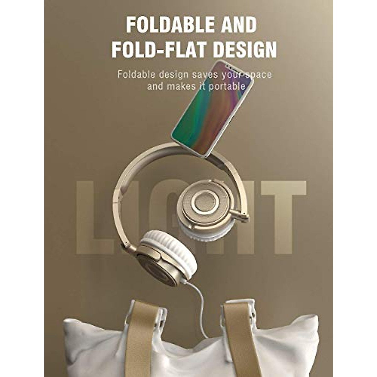 Nasuque Wired Headphones with Microphone, Portable Foldable Headsets with Stereo Bass, Noise Isolating and Adjustable Headband for Home Office Travel (Gold)