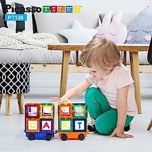 PicassoTiles 136 Piece S.T.E.A.M. Building Block Set with 66 Magnetized Clip-in Insert Cards Toy Construction Kit PT136 Magnet Building Tiles Clear Color Magnetic 3D Educational Blocks Click-in Card