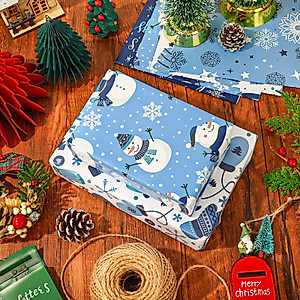 AnyDesign 12 Sheet Christmas Wrapping Paper Blue White Winter Gift Wrap Paper Bulk Snowman Snowflakes Xmas Tree Art Paper, 27.6 x 19.7 Inch, Folded Flat