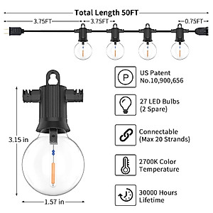 ZOTOYI Outdoor String Lights 50FT, LED Patio Lights with 27 Plastic G40 Bulbs(2 Spare), Waterproof IP65 Edison Globe String Lights for Outside, Cafe, Bistro, Backyard, Garden, Dimmable 2700K