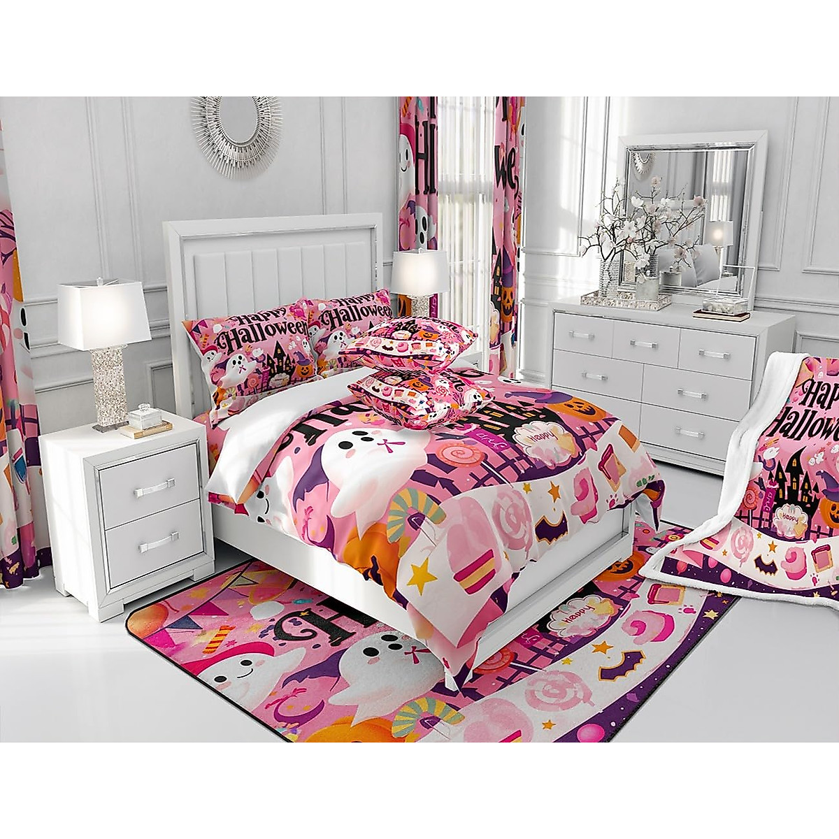 Kawaii Halloween Ghost Duvet Cover Set Full Size,Pink Lovely Cute Ghost Pumpkin Comforter Cover with 2 Pillowcases,Cartoon Dessert Style Happy Holiday Breathable Quilt Cover Set(Not Comforter)