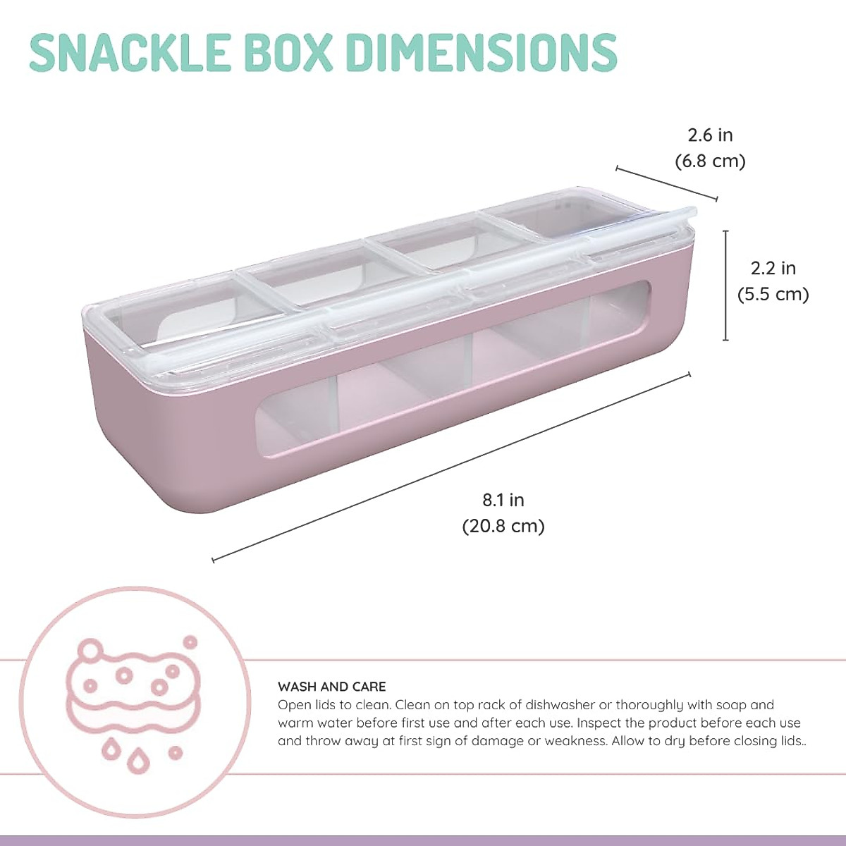 melii Snackle Box – 4 Separate Compartments with Lids, Divided Snack Container, Food Storage for Kids and Adults, Arts & Crafts, Beads, BPA-Free, Pink